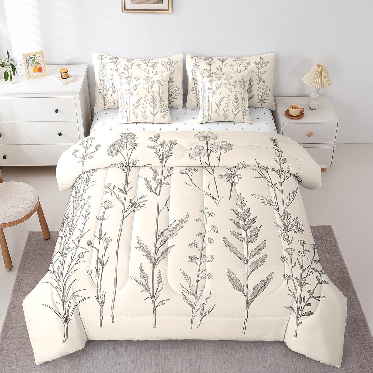 Beige Floral Full Comforter Set 7 Piece,Vintage Rustic Farmhouse Bed in ...
