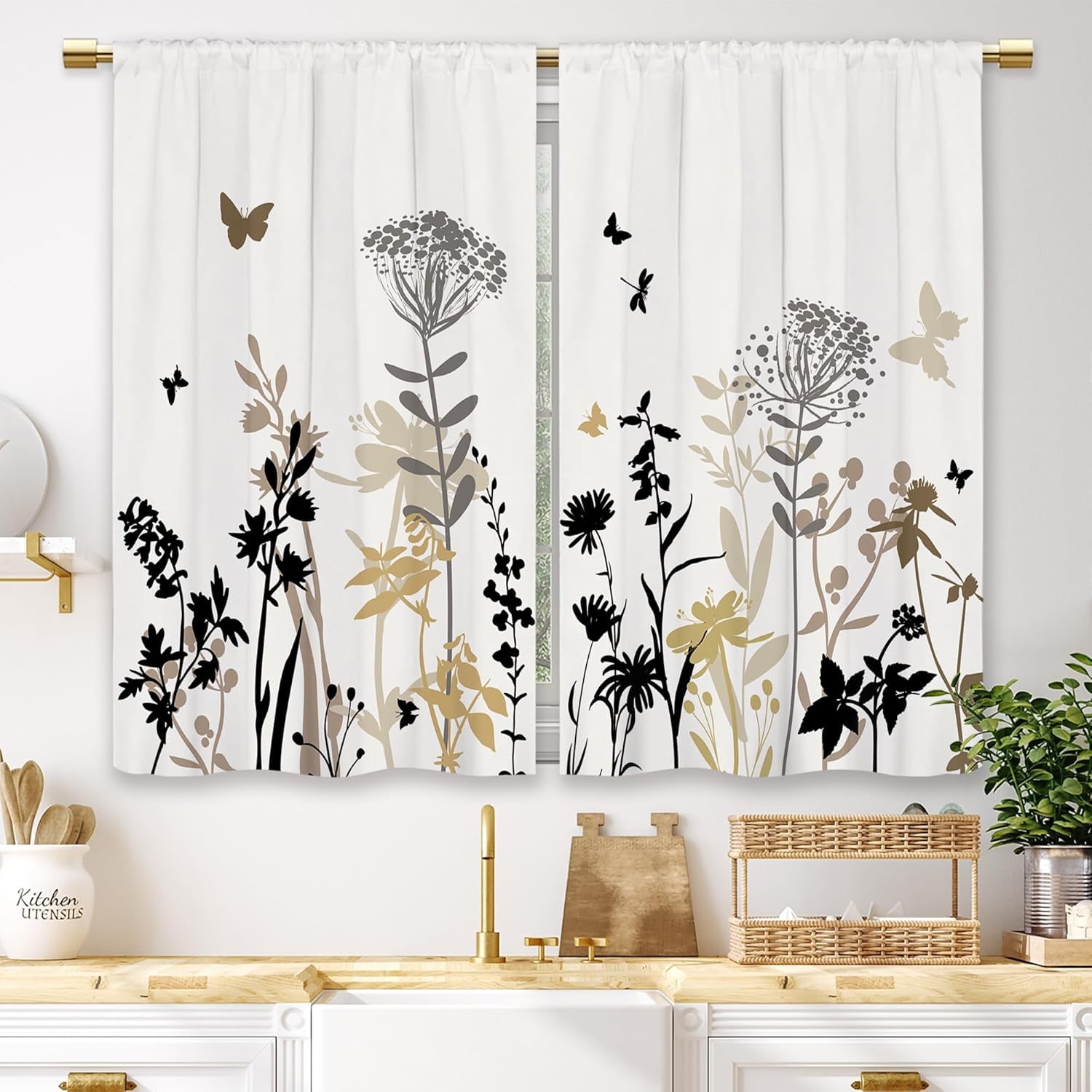 Beige Floral Kitchen Curtains Boho Flower Botanical Leaves Small Short ...