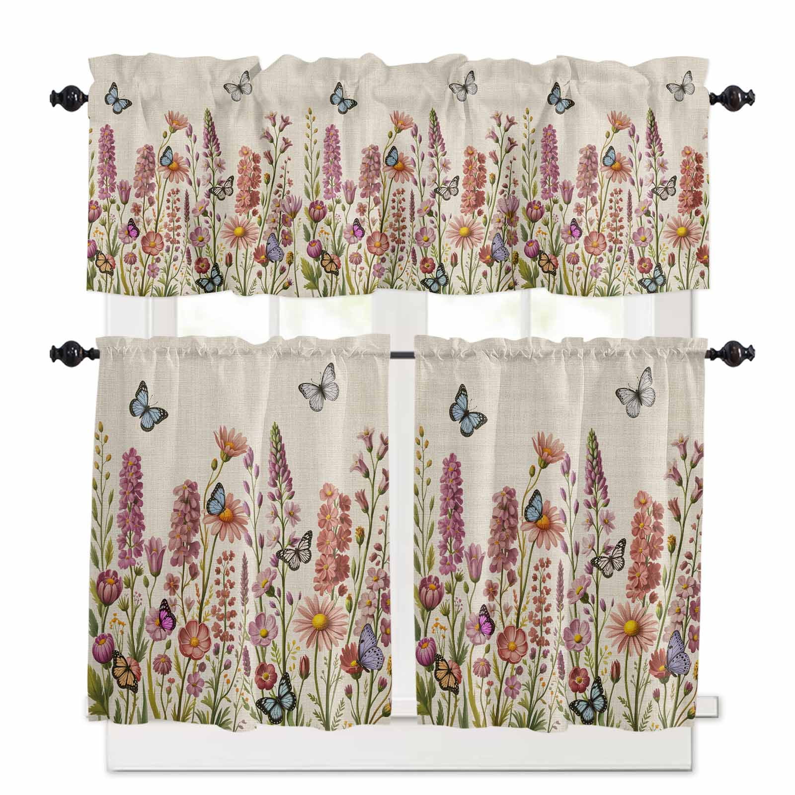 Beige Floral Kitchen Curtains Valances and Tiers Set of 3 Spring ...