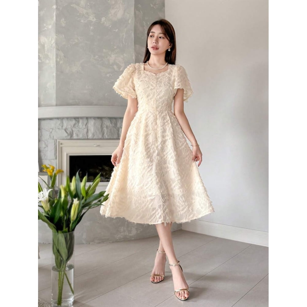 Beige Floral Lace A-Line Midi Dress With Short Puff Sleeves And Square ...