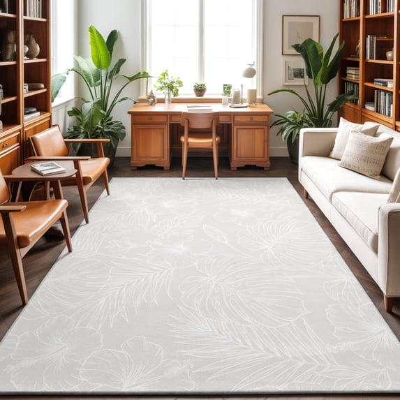 Beige Floral Leaf Washable Area Rug 5 x 7 ft Summer Island Hibiscus ...