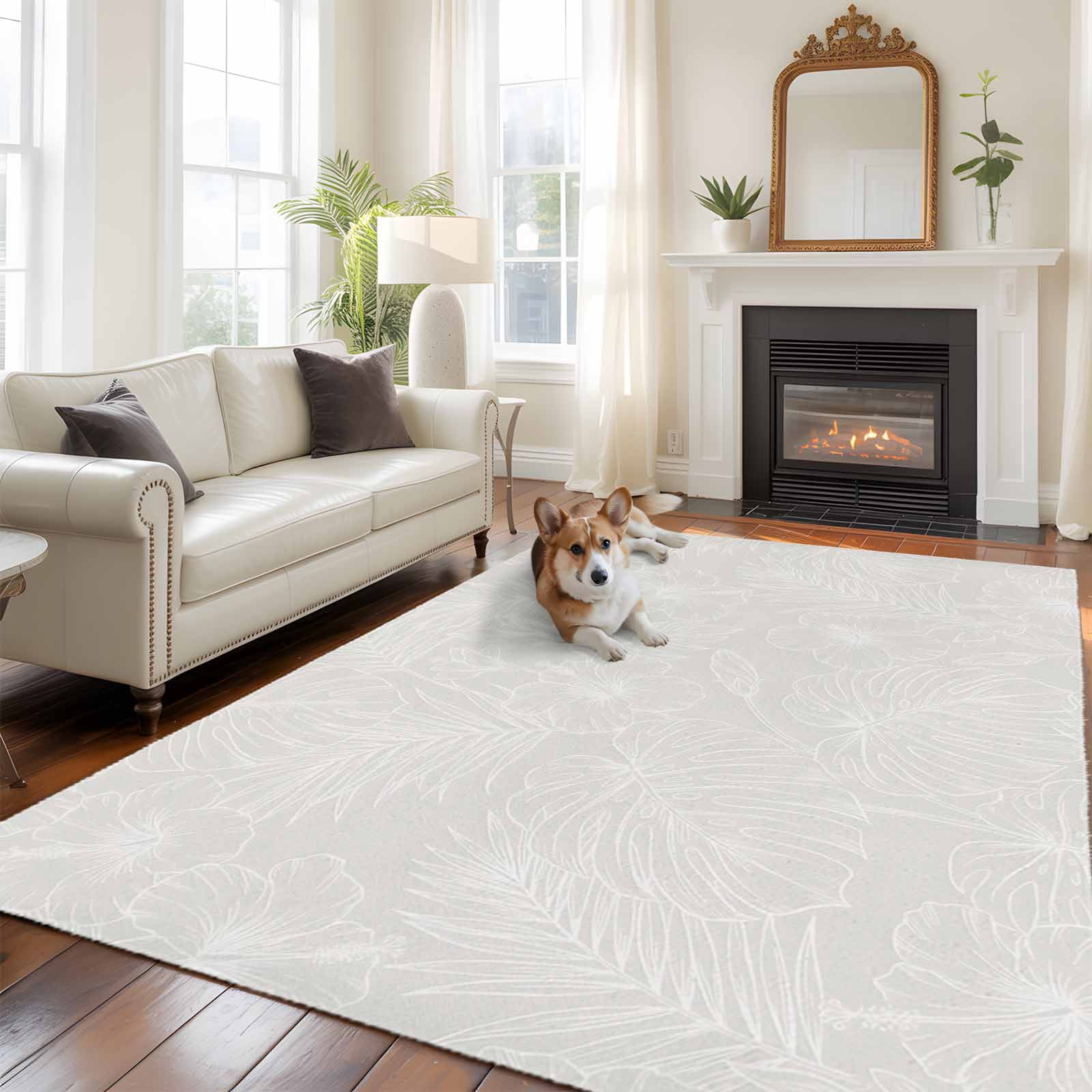 Beige Floral Leaf Washable Area Rug 8x10 Summer Island Hibiscus Palm ...
