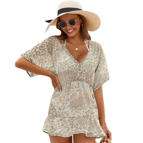 Beige Floral Leopard Print Beach Cover Ups Women V Neck Short Sleeve ...