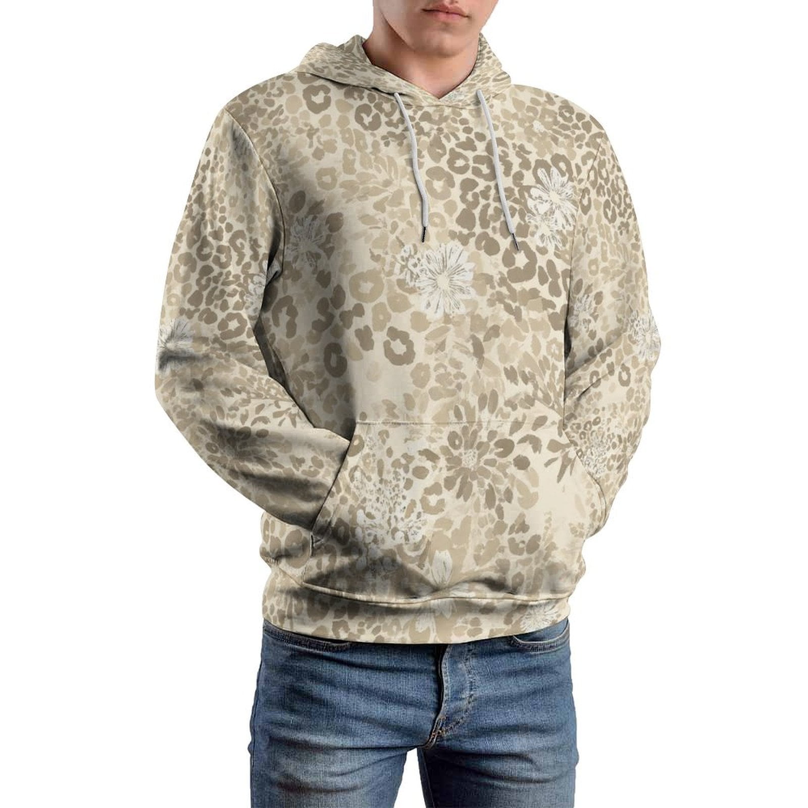 Beige Floral Leopard Print Fabric Oversized Hoodies For Men Teen Pullover With Pocket Mens ...