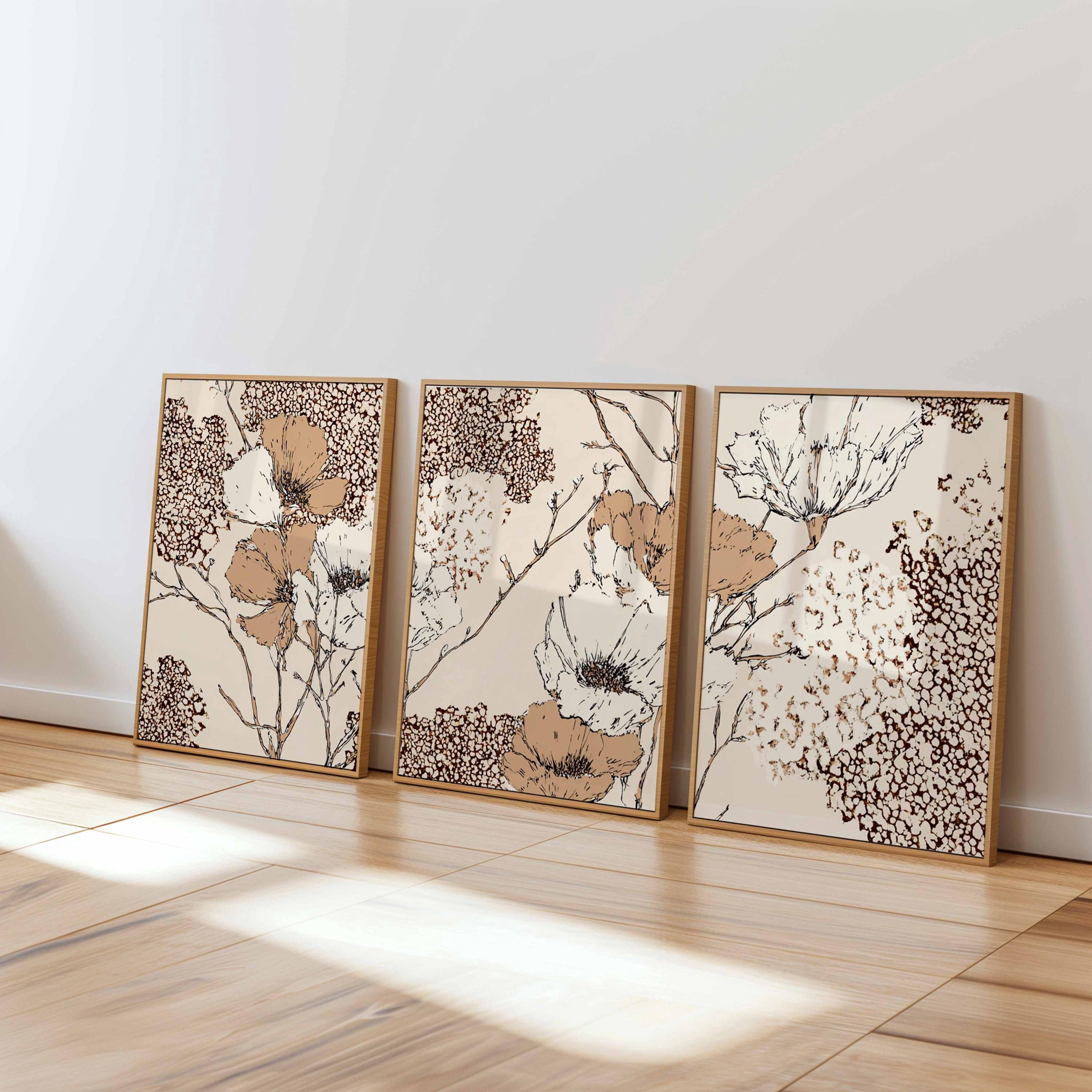 Beige Floral Line Art Print Set Abstract Botanical Posters Set 3 ...