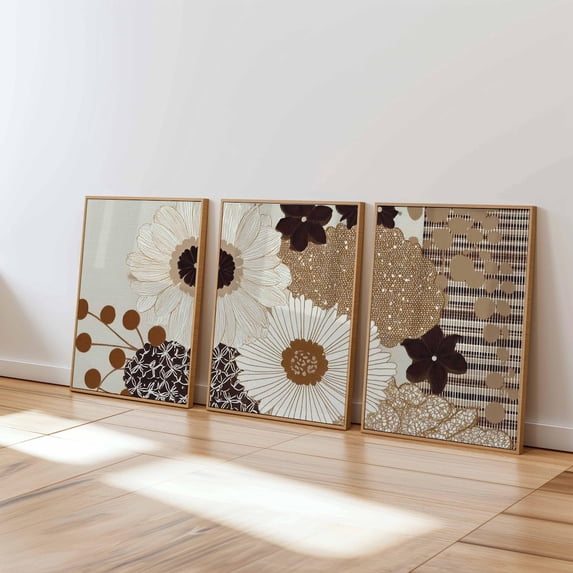 Beige Floral Neutral Botanical Modern Home Decor Art Set 3 Stretched ...