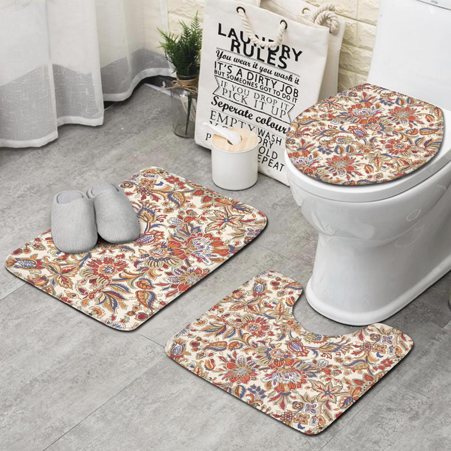 Beige Floral and Paisley Pattern Bathroom Rugs Sets 3 Piece,Toilet ...