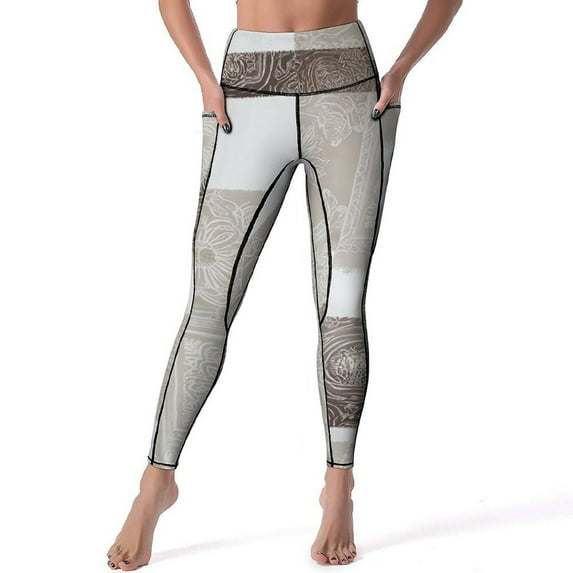 Beige Floral Patchwork Design Leggings Fitness Gym Yoga Pants High ...