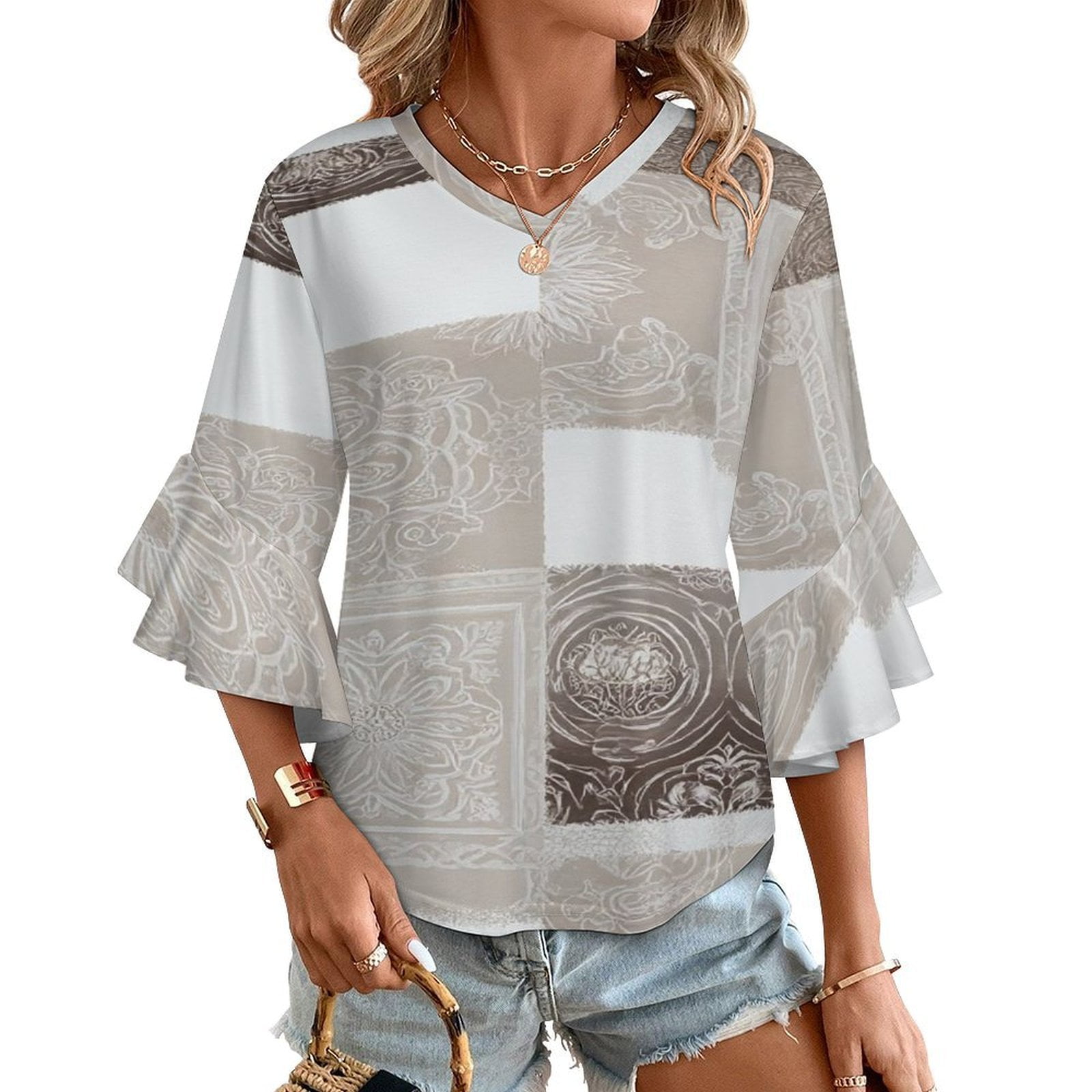 Beige Floral Patchwork Design Women's V-Neck Blouse With 3/4 Ruffled ...