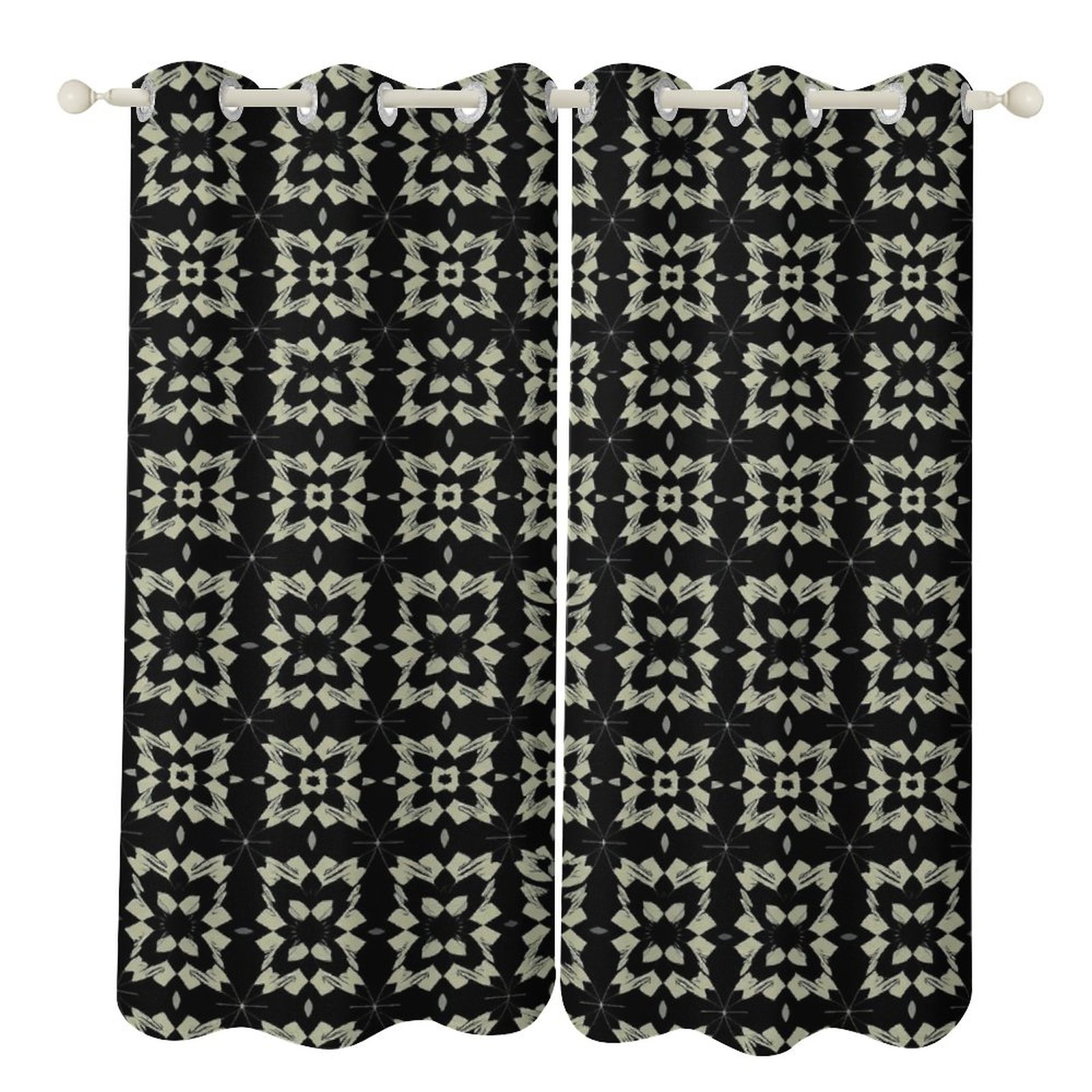 Beige Floral Pattern Black Background 2 Pieces Window Drape Curtain for ...
