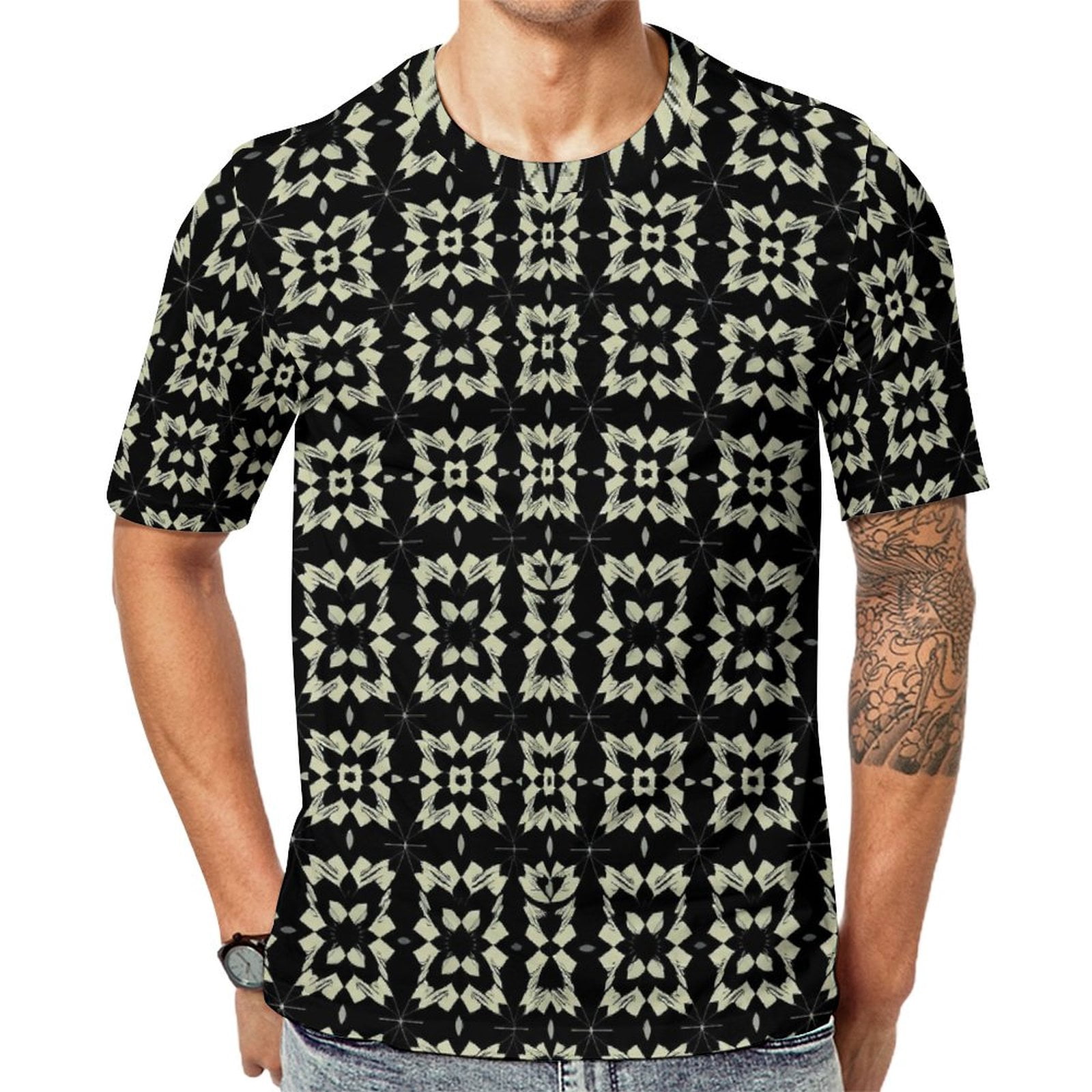 Beige Floral Pattern Black Background T-shirt For Men T-Shirts Summer ...