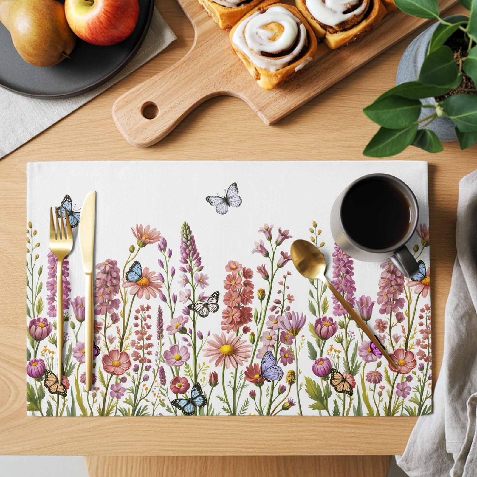 Beige Floral Placemats Set of 2, Spring Lavender Wildflowers Blue ...