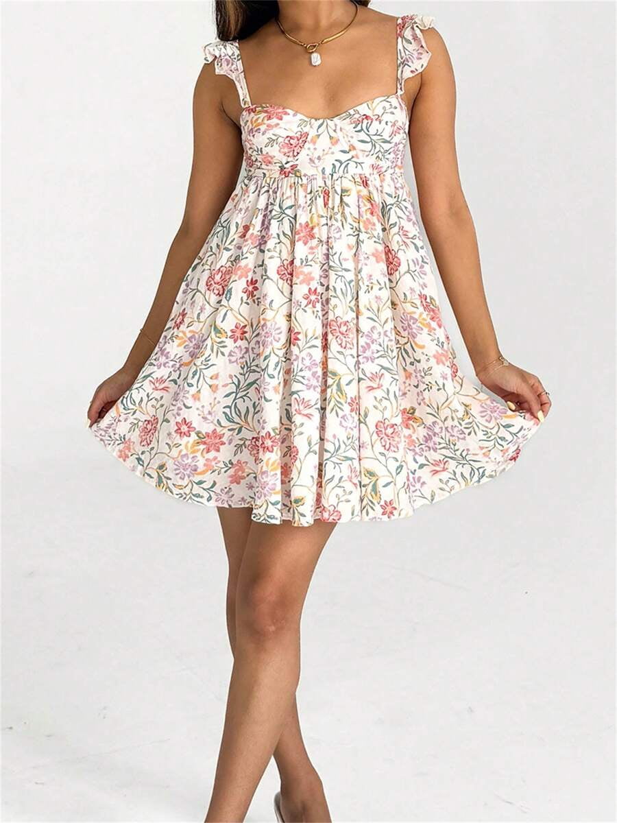 Beige Floral Print A-Line Mini Dress With Ruffle Shoulder Straps Summer ...