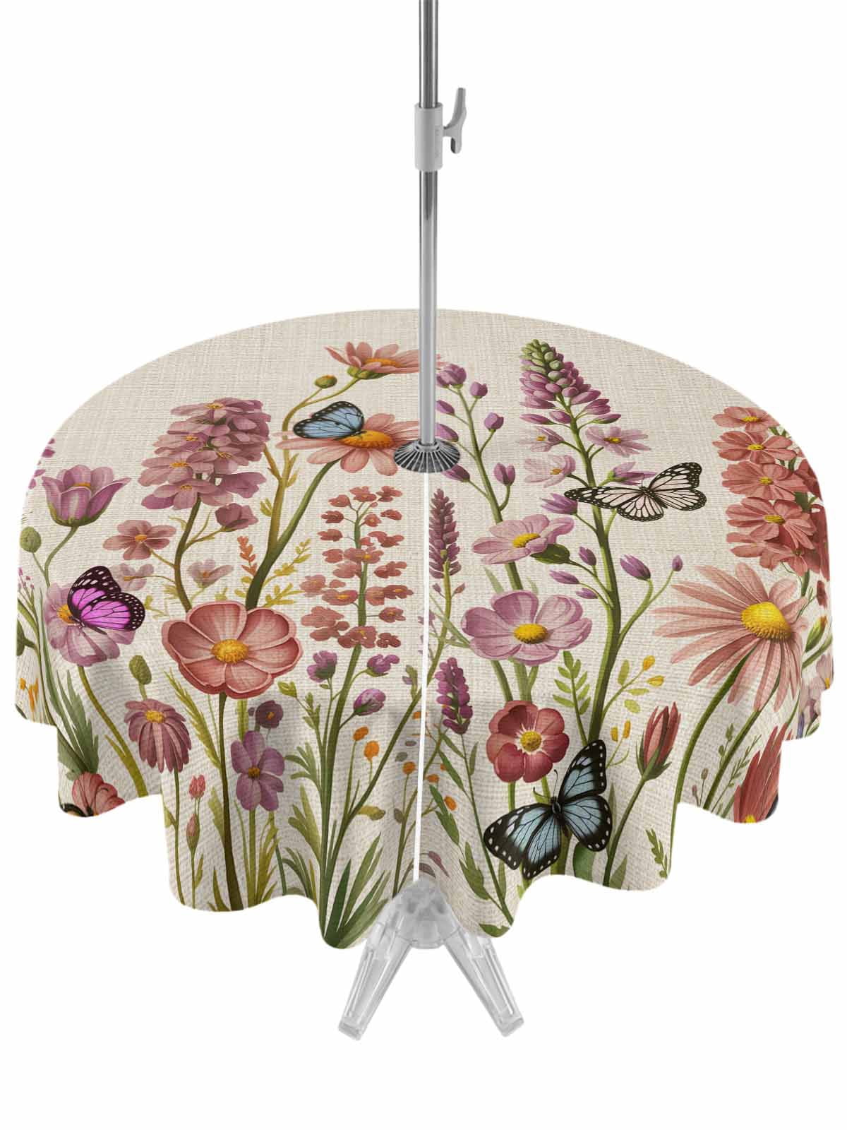 Beige Floral Round Outdoor Tablecloth with Umbrella Hole Spring ...