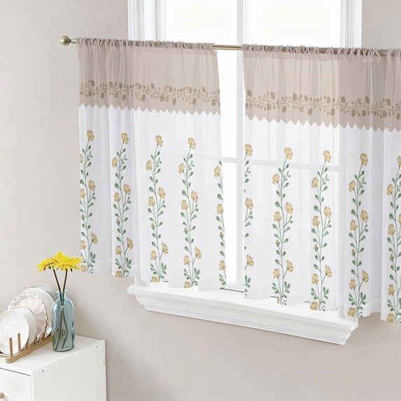 Beige Floral Semi Sheer Curtains 45 Inch Length 2 Panels Set, Spring ...
