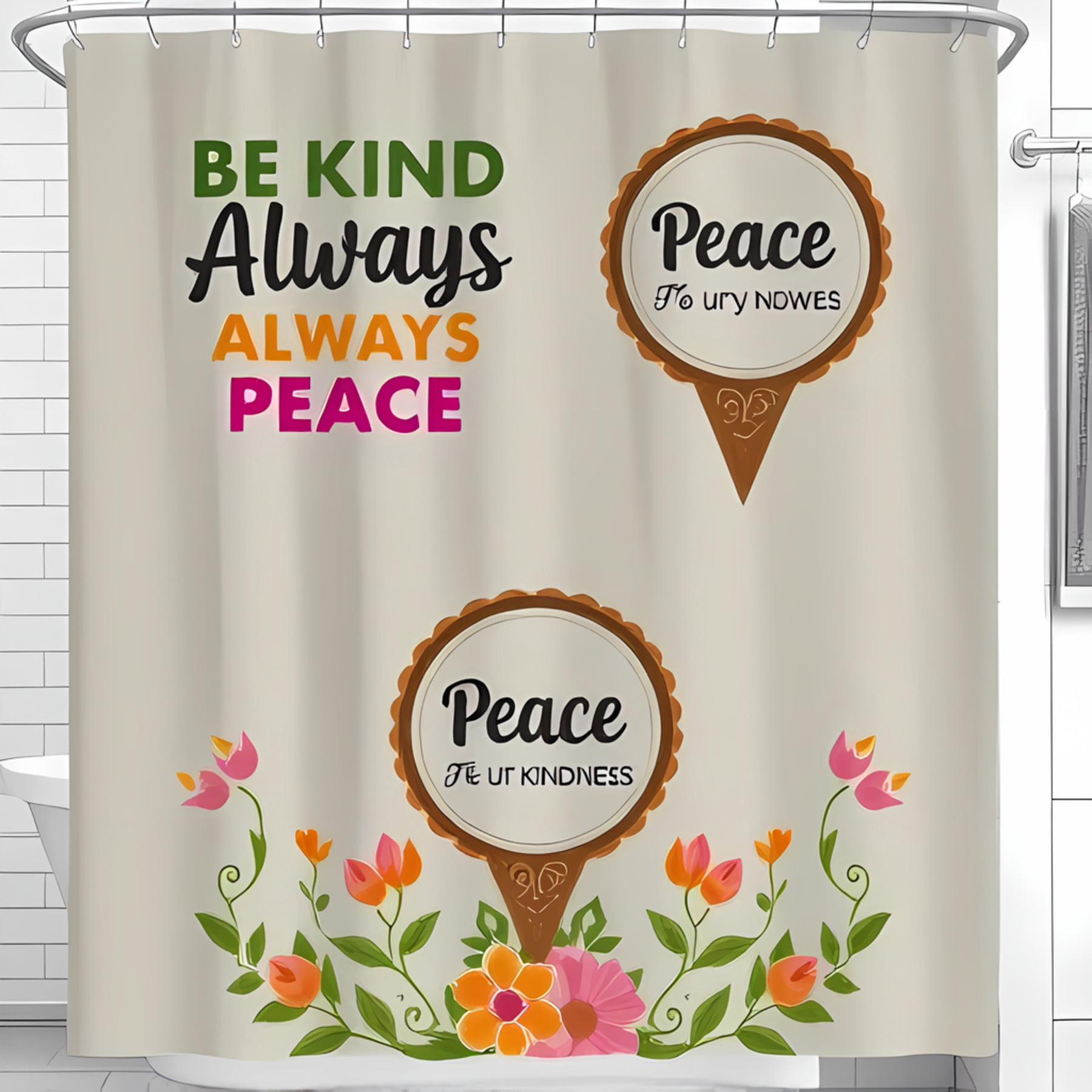 Beige Floral Shower Curtain with Brown Medallions & Calligraphy ...