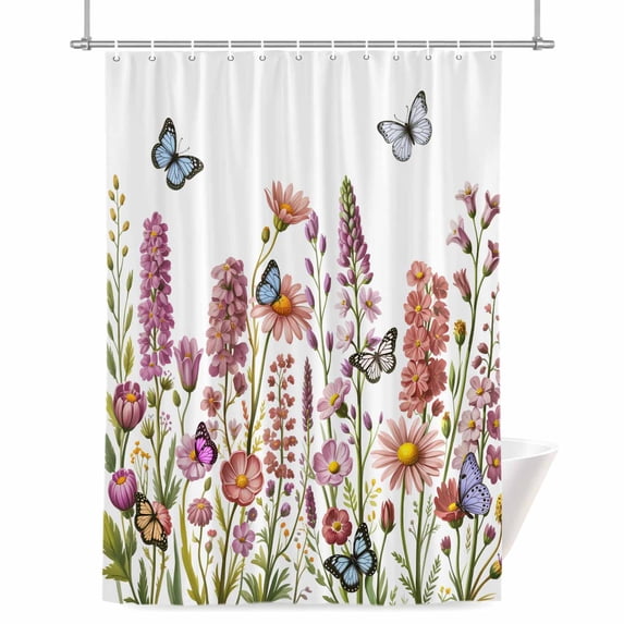 Beige Floral Shower Curtains for Bathroom, Spring Lavender Wildflowers ...
