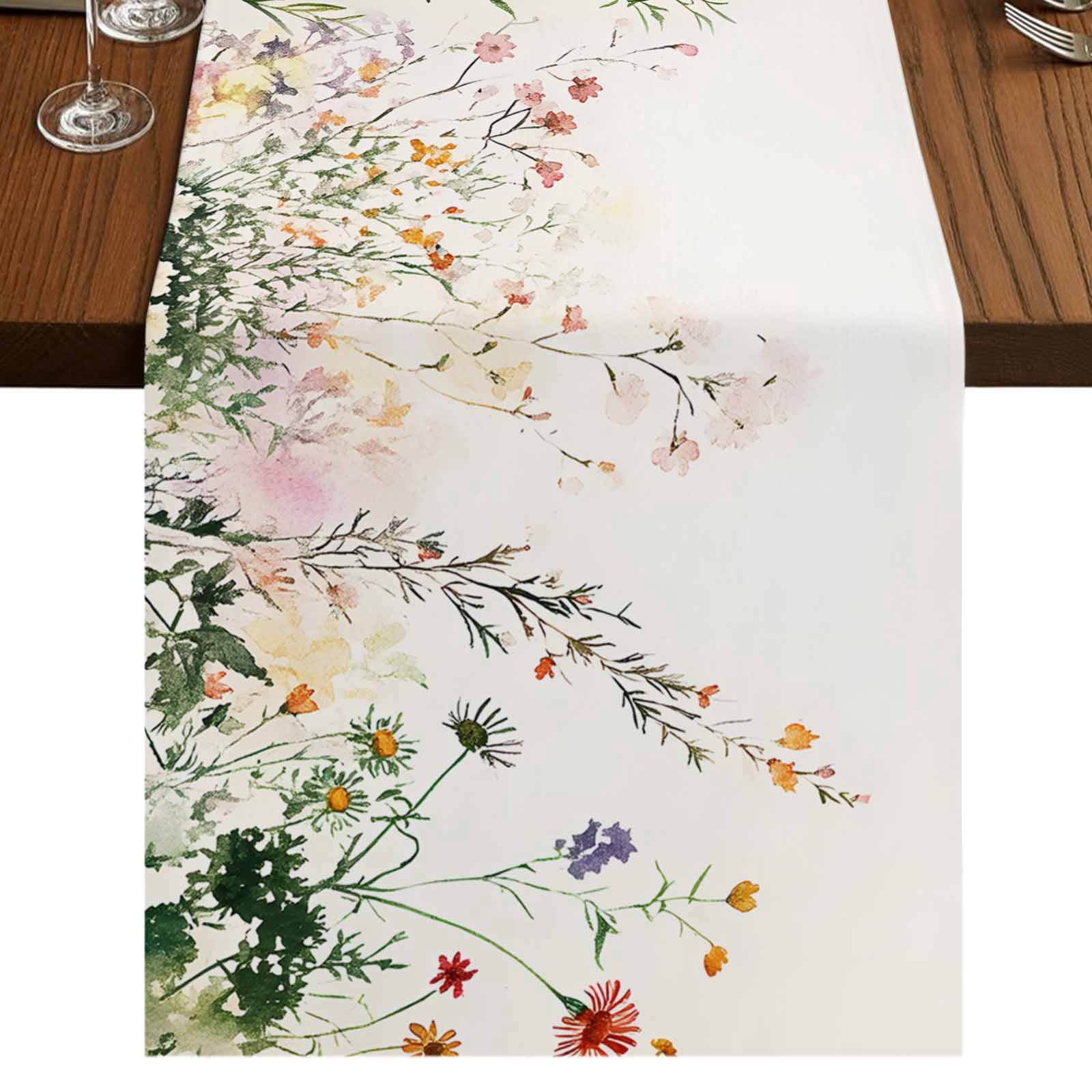 Beige Floral Spring 36 Inch Table Runner, Vintage Farmhouse Flowers ...