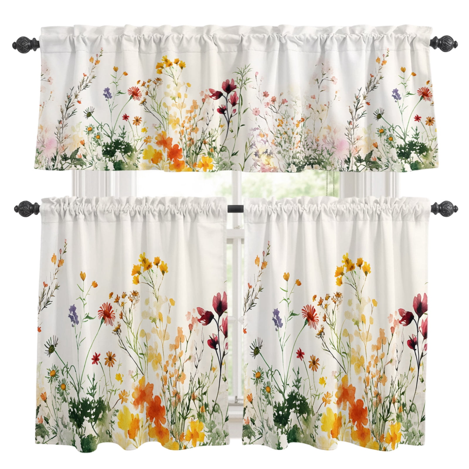 Beige Floral Spring Kitchen Curtains, Kitchen Curtains and Valances Set ...