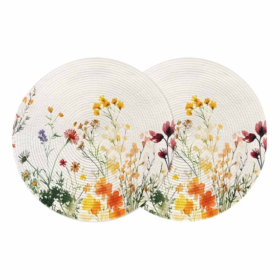 Beige Floral Spring Round Placemats Set of 2, Braided Polypropylene ...