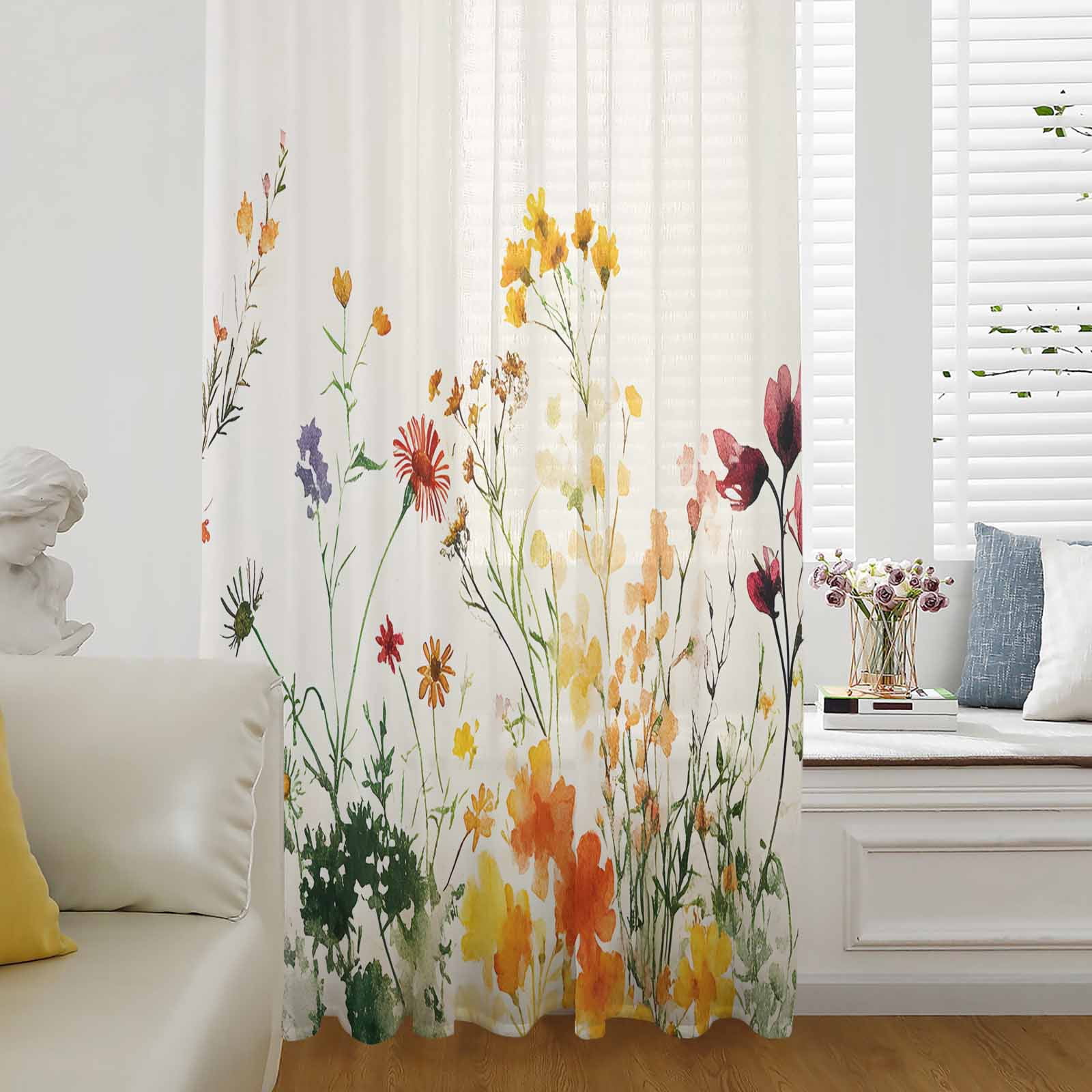 Beige Floral Spring Sheer Curtains 45 Inch Length, Light Filtering ...