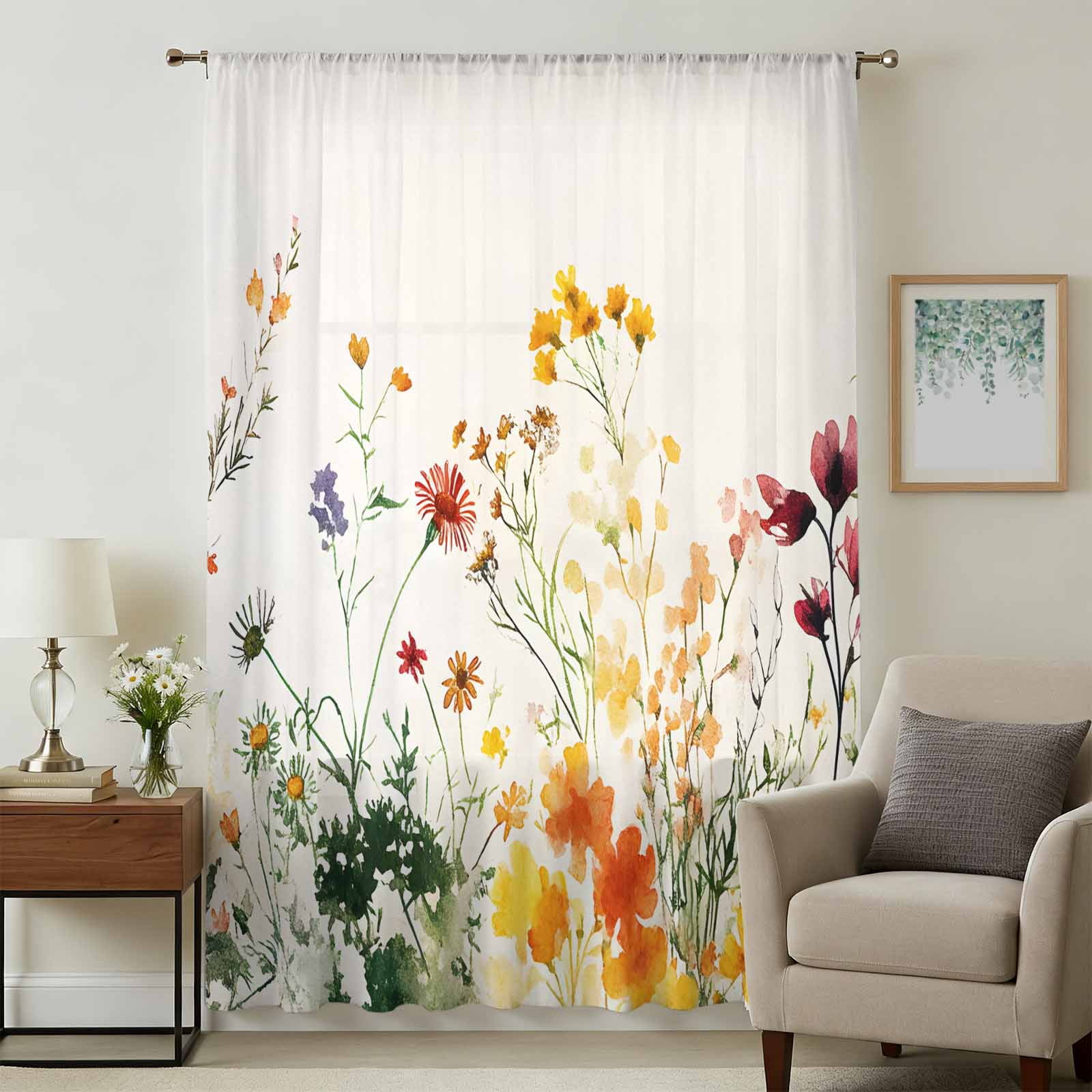 Beige Floral Spring Sheer Curtains 63 Inches Long, Vintage Farmhouse ...