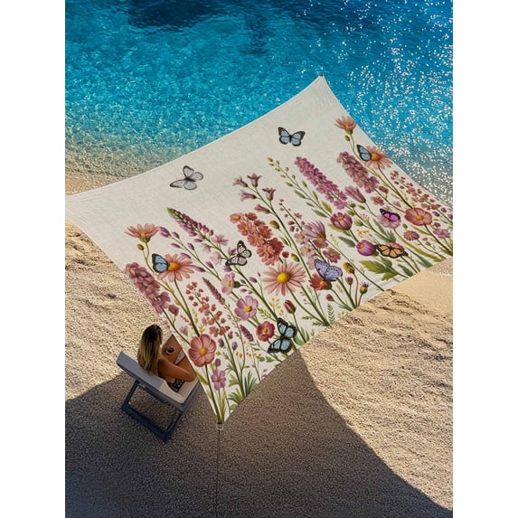 Beige Floral Sun Shade Sail 8' x 10', Spring Lavender Wildflowers Blue ...