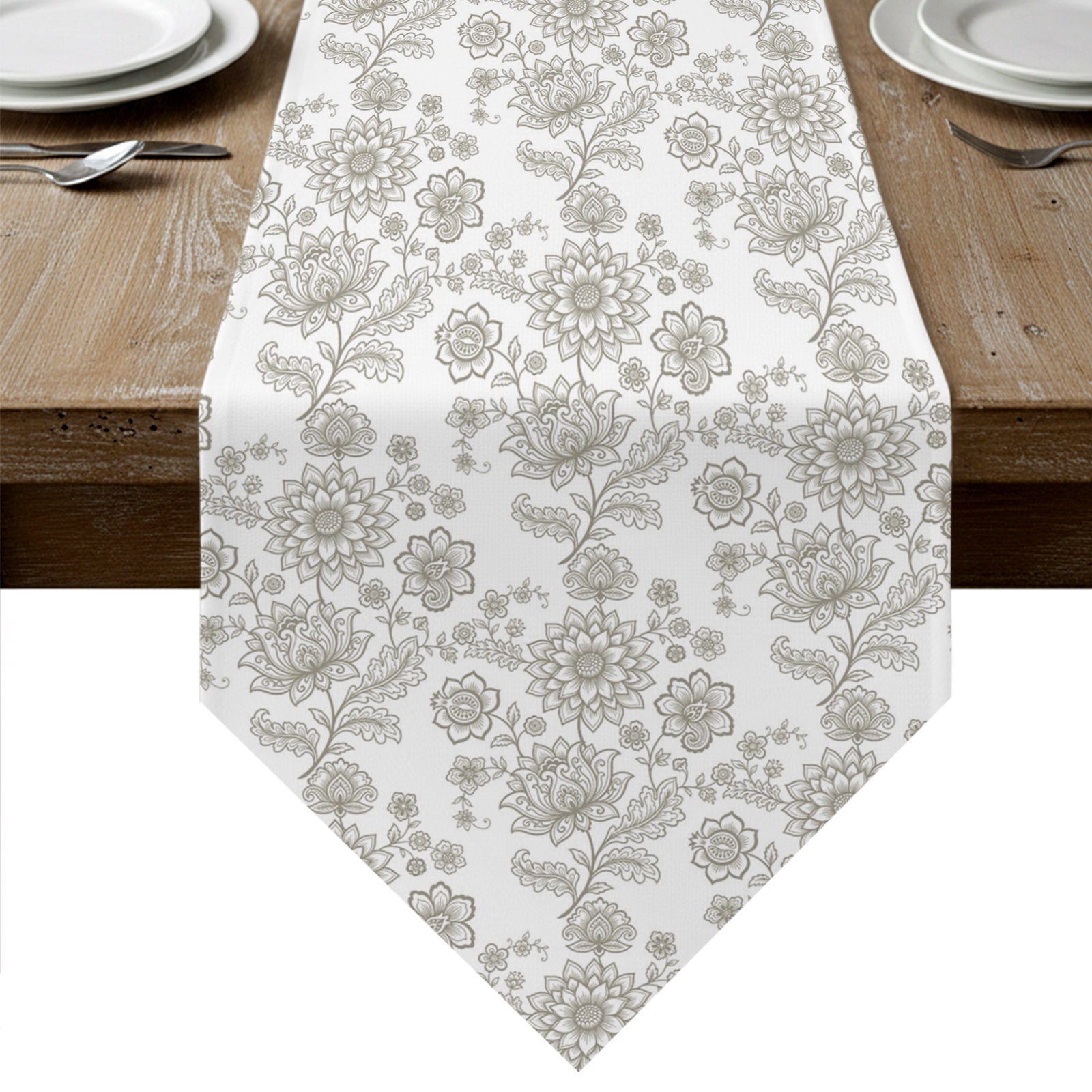 Beige Floral Table Runner Linen Burlap Table Runner 120 Inches Long ...