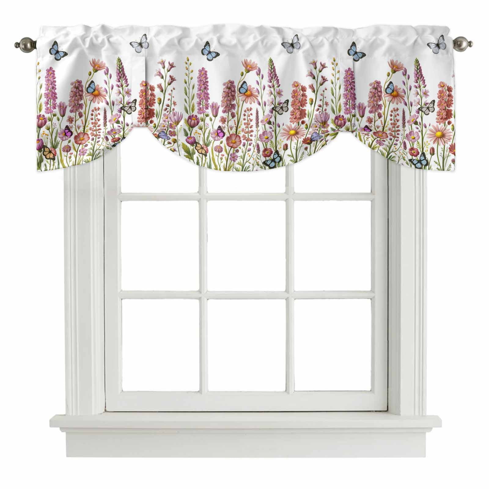 Beige Floral Tie Up Valance Curtains Spring Lavender Wildflowers Blue ...