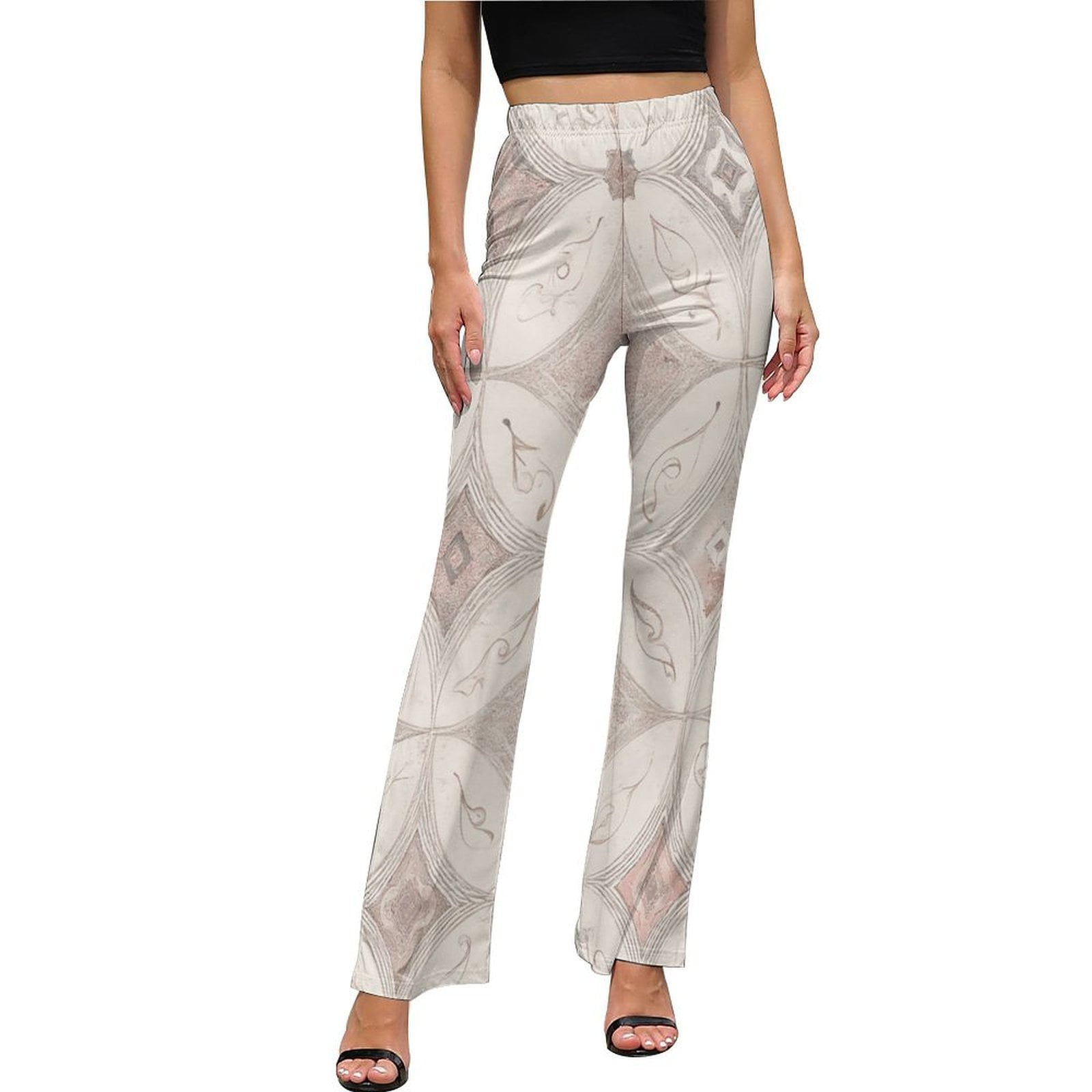 Beige Floral Tile Pattern High Waisted Casual Flared Trousers Summer ...