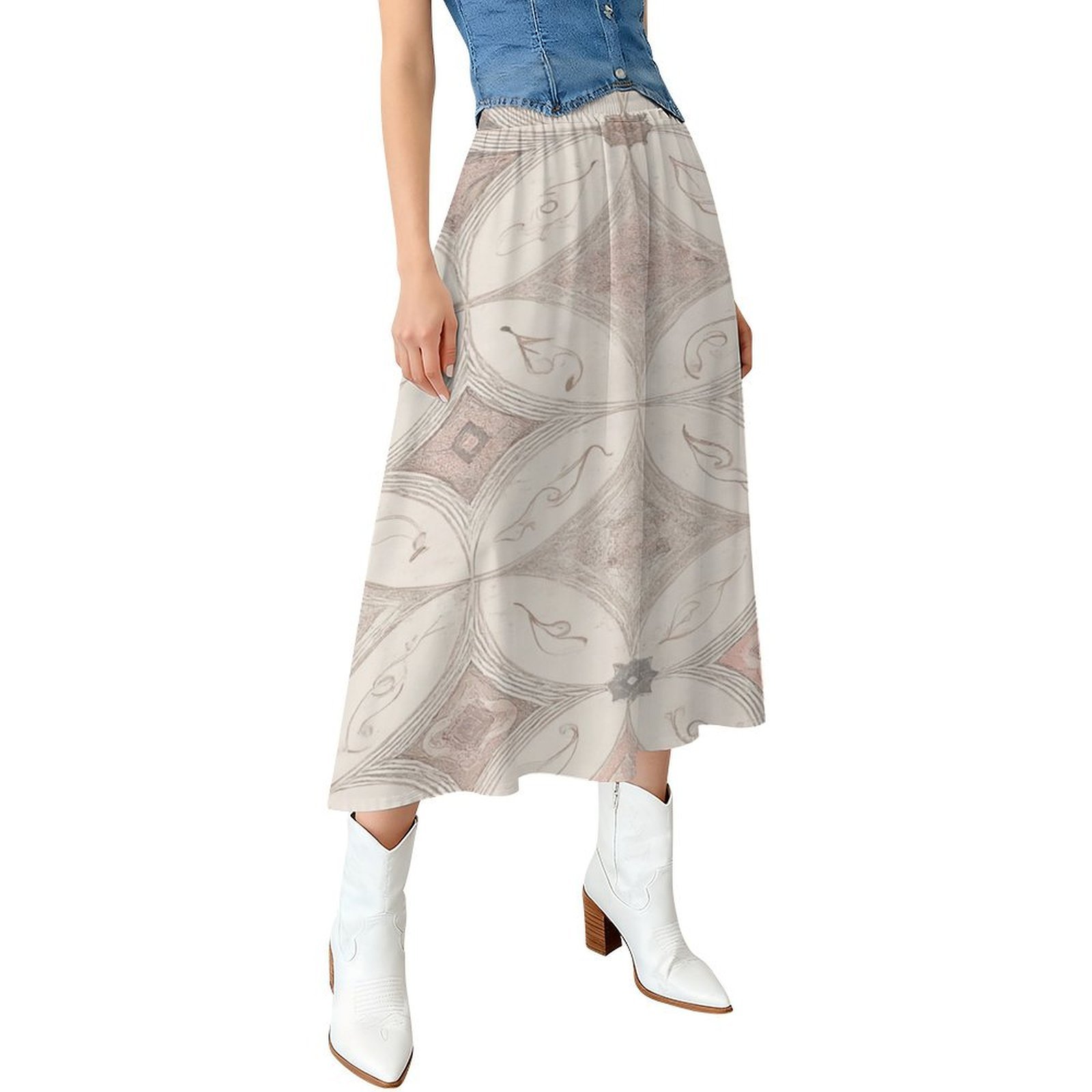 Beige Floral Tile Pattern Women High Waist Midi Skirt Elegant Midi ...