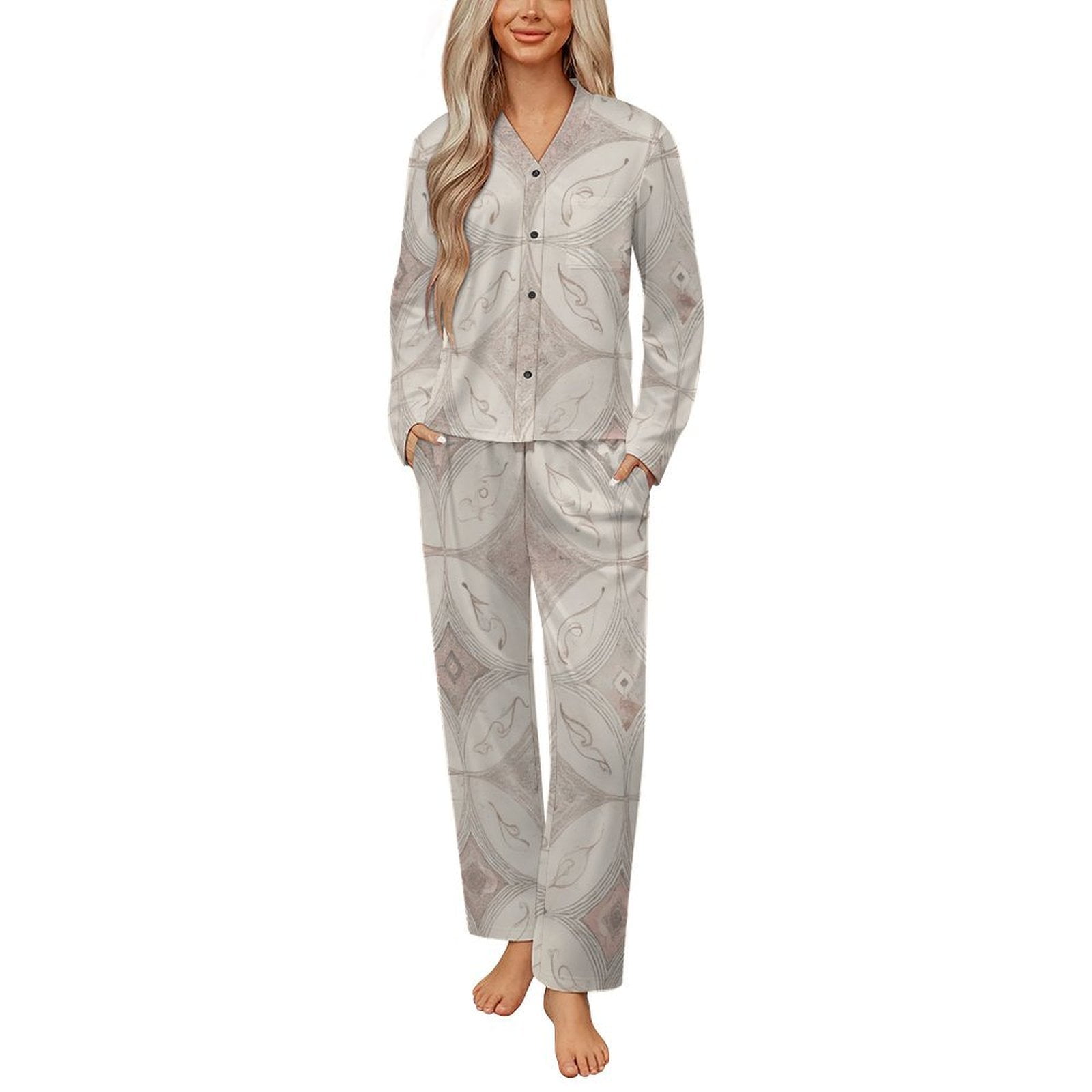 Beige Floral Tile Pattern Womens Pyjamas Set Button Up Pyjamas Womens ...