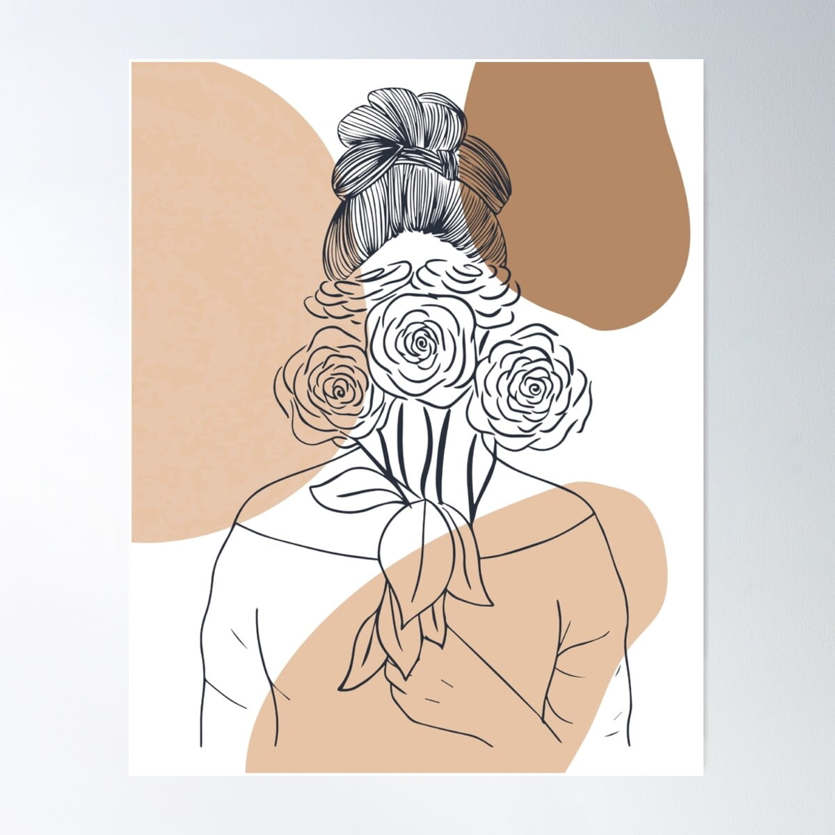 Beige Flower Art-Fine Woman Covered Face Line Art Poster Wall Art ...
