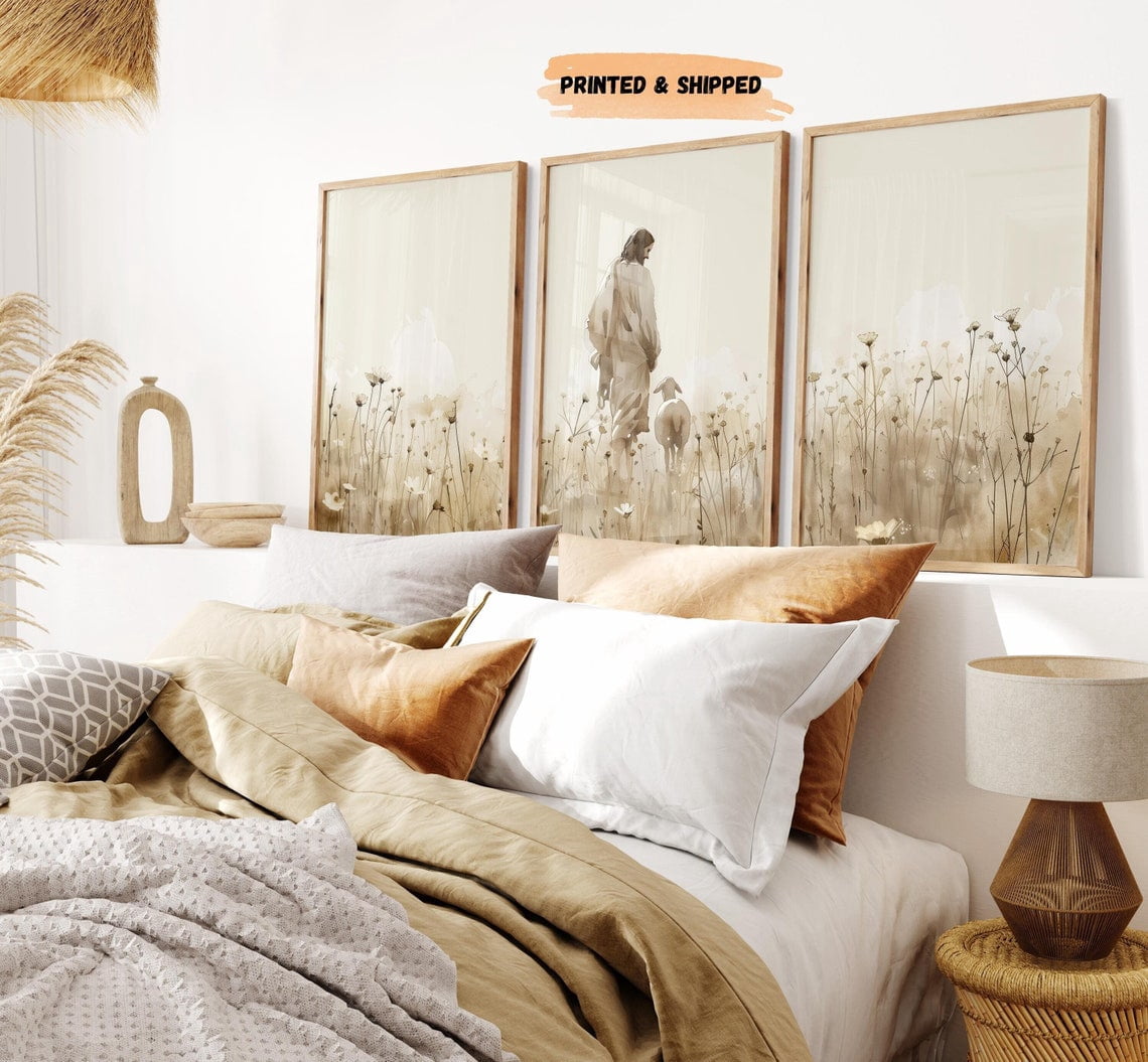 Beige Flower Field Shepherd Wall Art Set 3 Stretched Canvas 16x24 ...