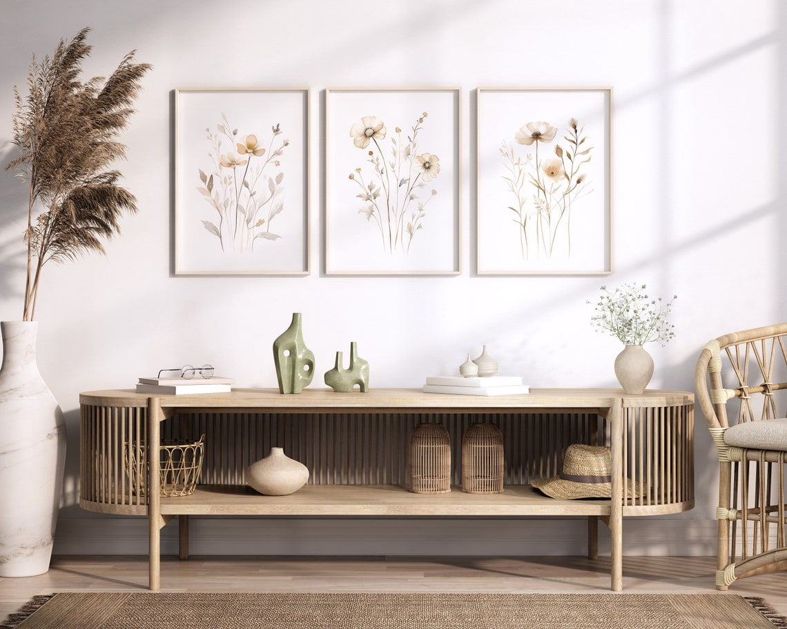 Beige Flower Field Wall Art Boho Set 3 Stretched Canvas 12x18 - Walmart.com