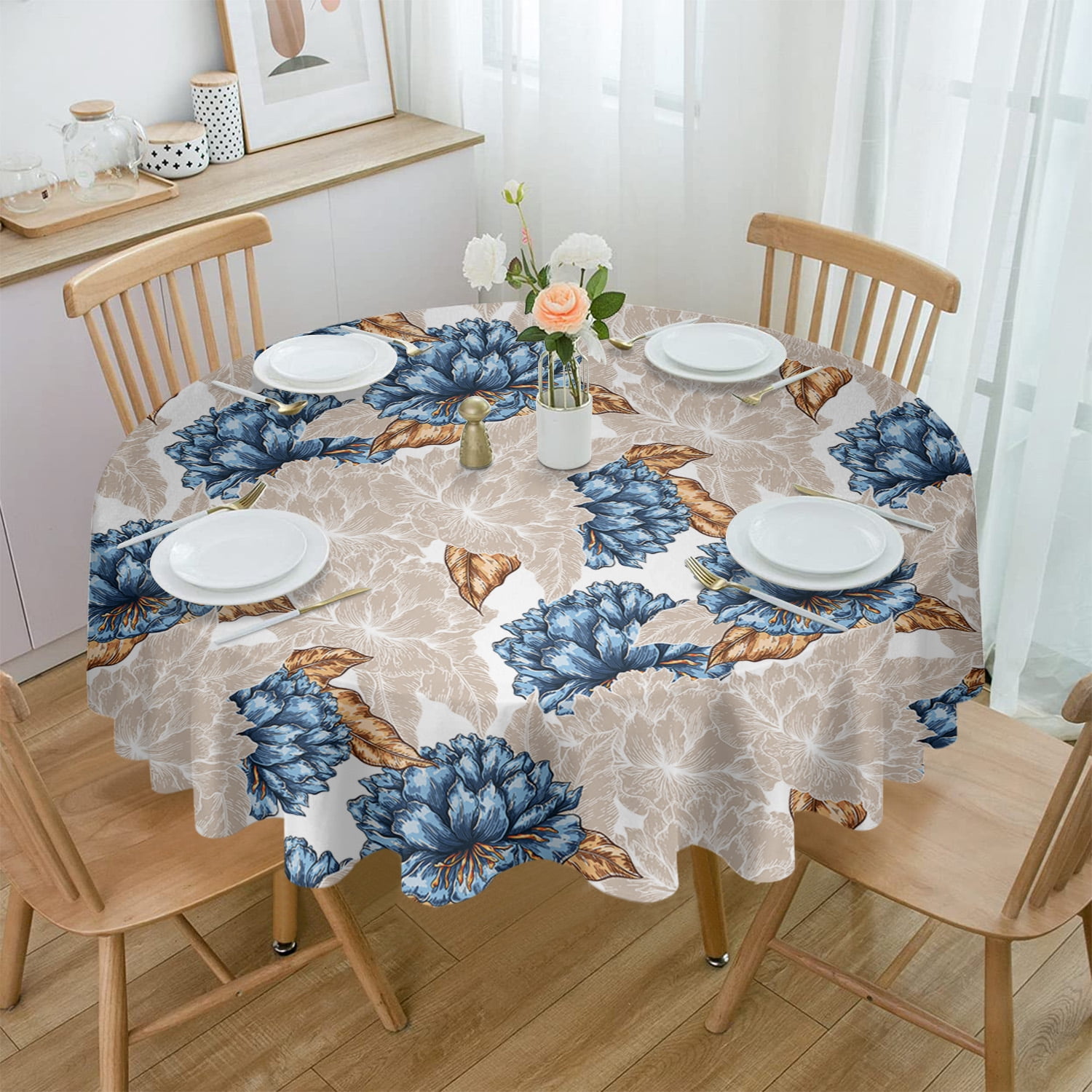 Beige Flower Floral Round Tablecloths for Dining Table Waterproof Table ...
