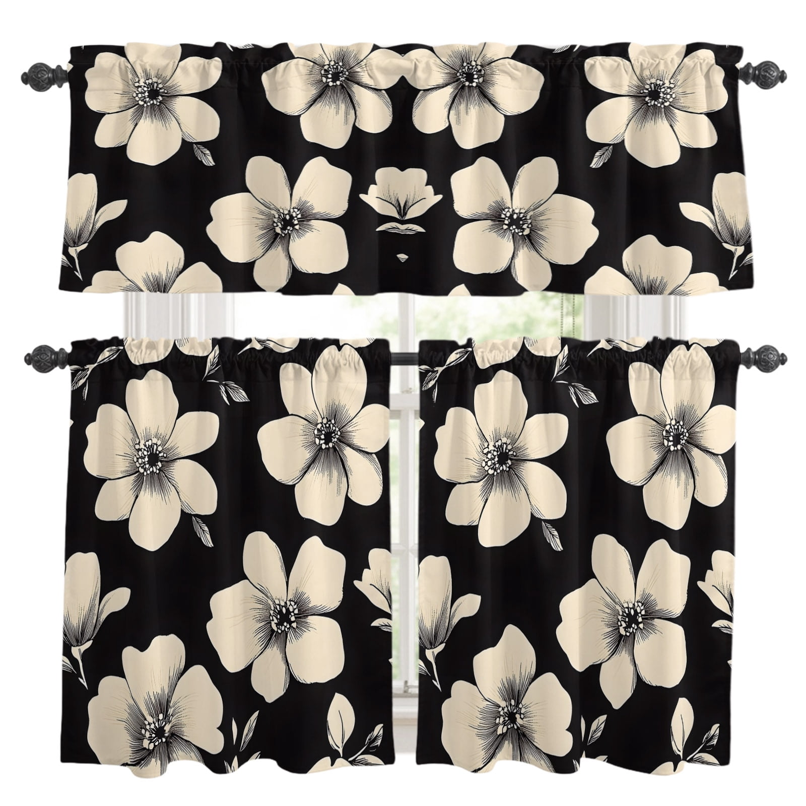 Beige Flower Kitchen Curtains Set for Windows, Vintage Elegant Floral ...