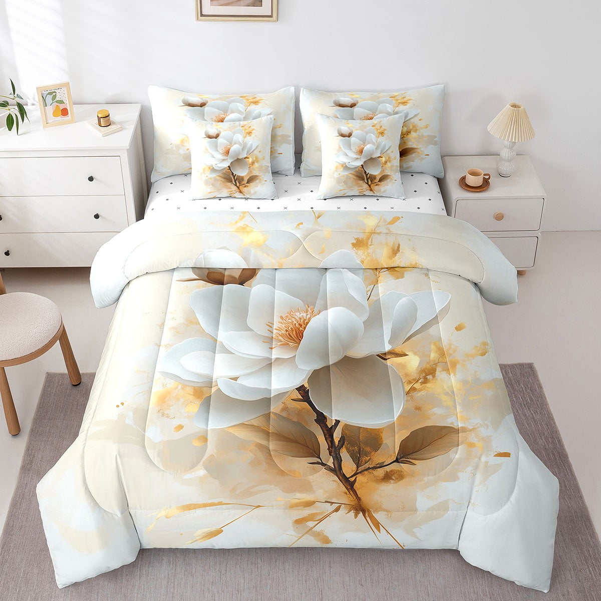 Beige Flowers Bed In A Bag Golden Boho Decor Twin Comforter Set ...