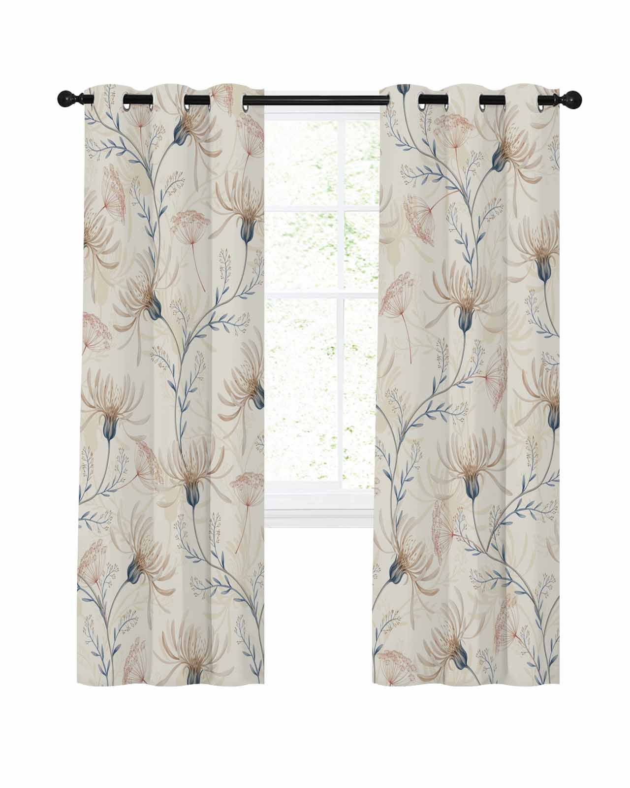 Beige Flowers Blackout Curtains, Light Blocking Print Window Curtains ...