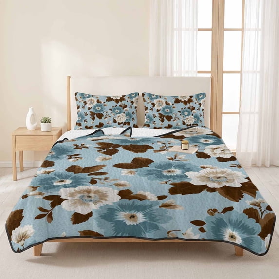 Beige Flowers Brown Leaves on Blue 3 Pieces Quilt Set,1 Quilt with 2 ...