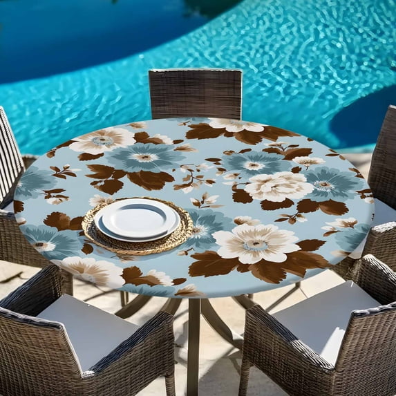 Beige Flowers Brown Leaves on Blue Round Fitted Tablecloth with Elastic ...