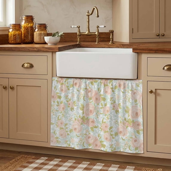 Beige Flowers Cabinet Curtains 28"W x 35"L, Farmhouse Botanical Floral ...