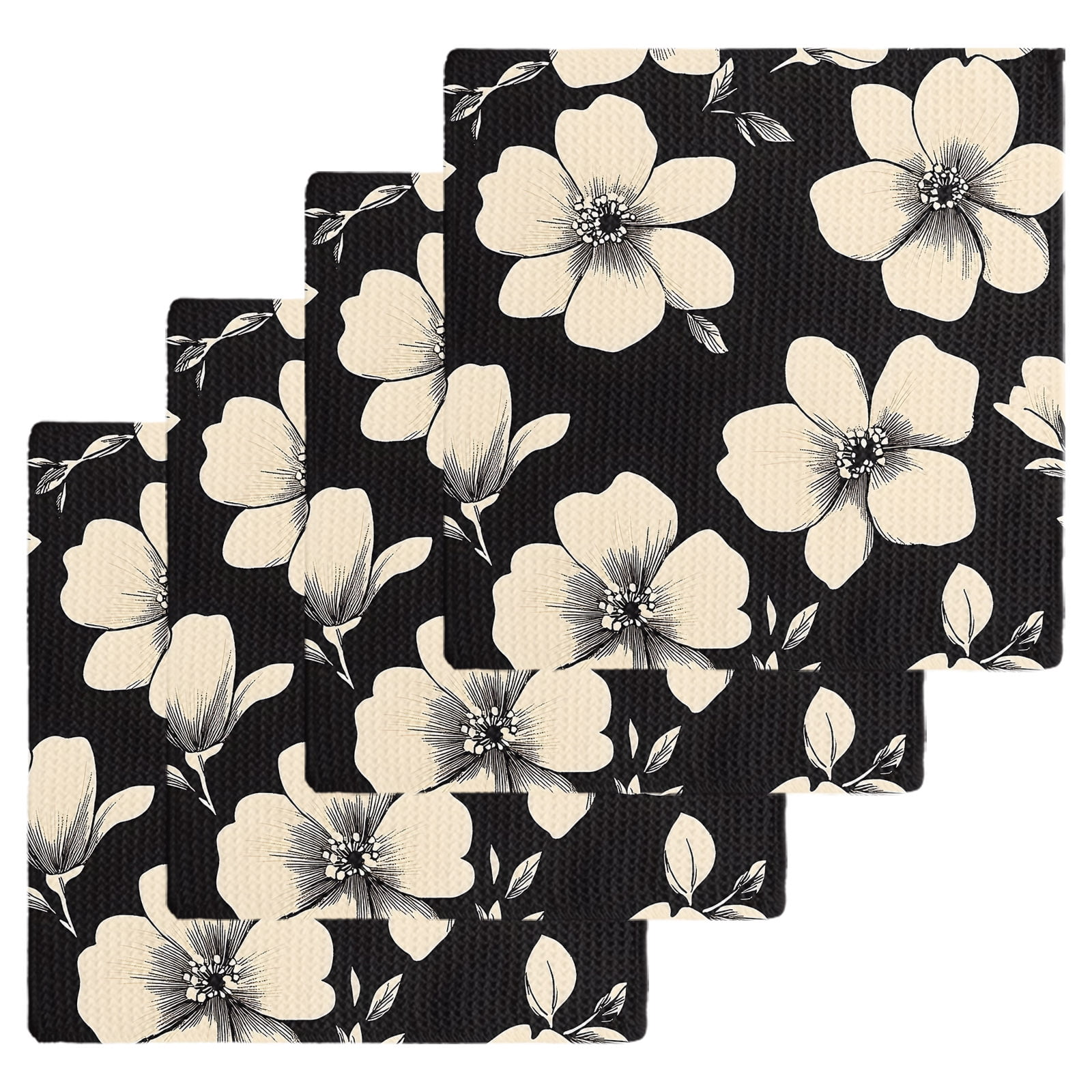 Beige Flowers Kitchen Dish Towels for Drying Dishes Set of 4, Vintage ...