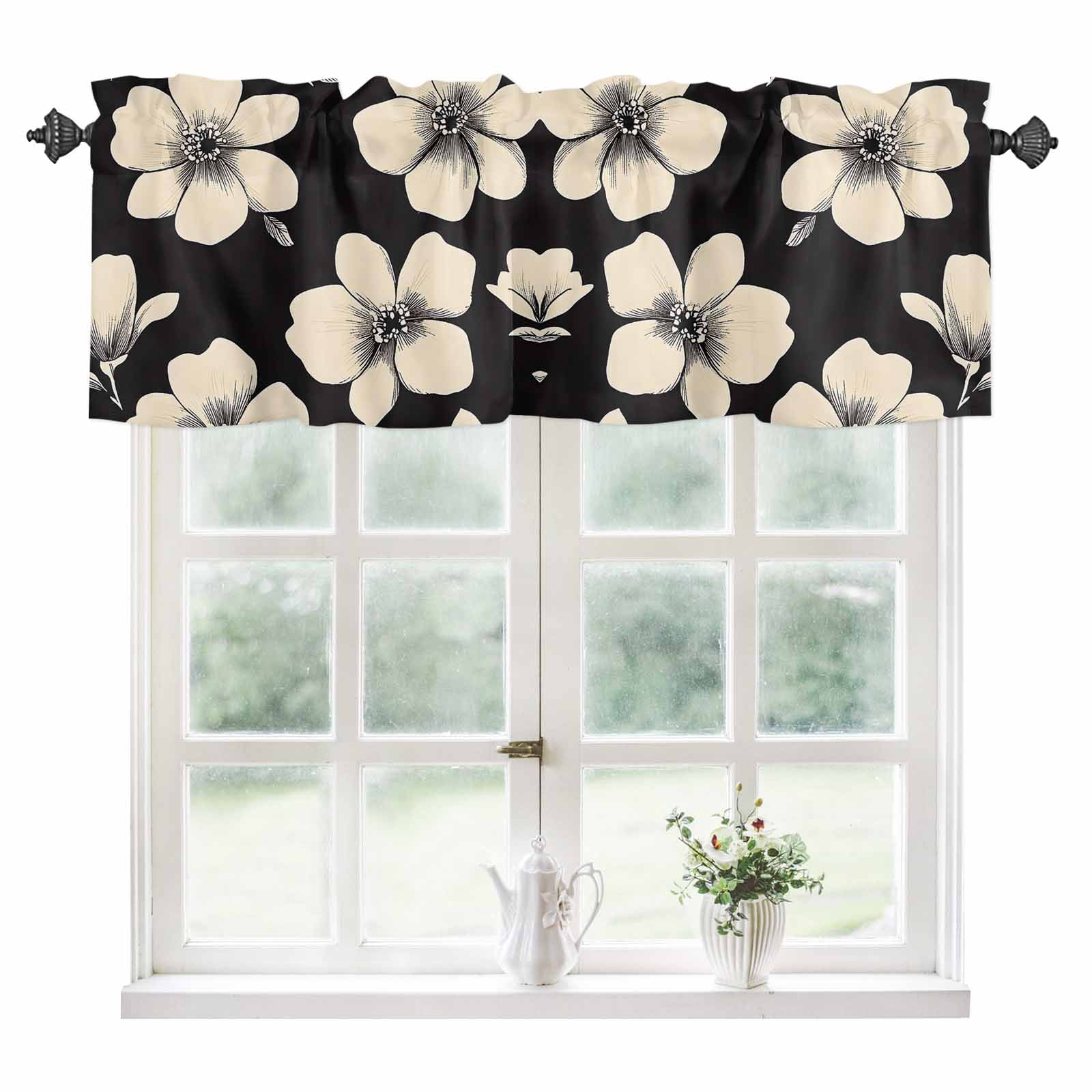 Beige Flowers Kitchen Valances for Windows 42x12 Inch Kitchen Curtains ...