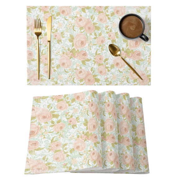 Beige Flowers Placemats Set of 8, Cotton Linen Fabric Place Mats ...