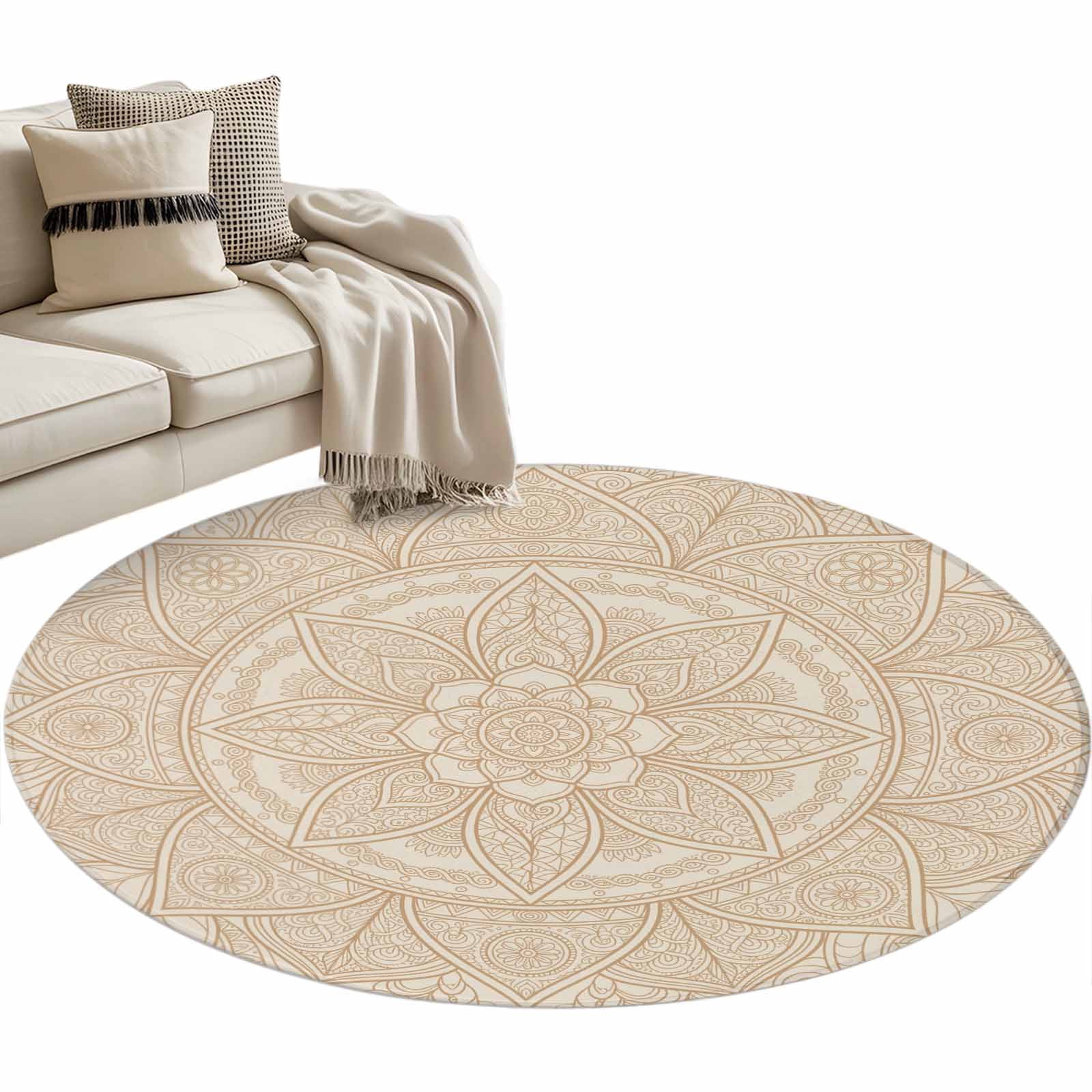 Beige Flowers Round Rug 3.3ft Washable Circle Entryway Rugs Non Slip Boho Vintage Ethnic Floral ...