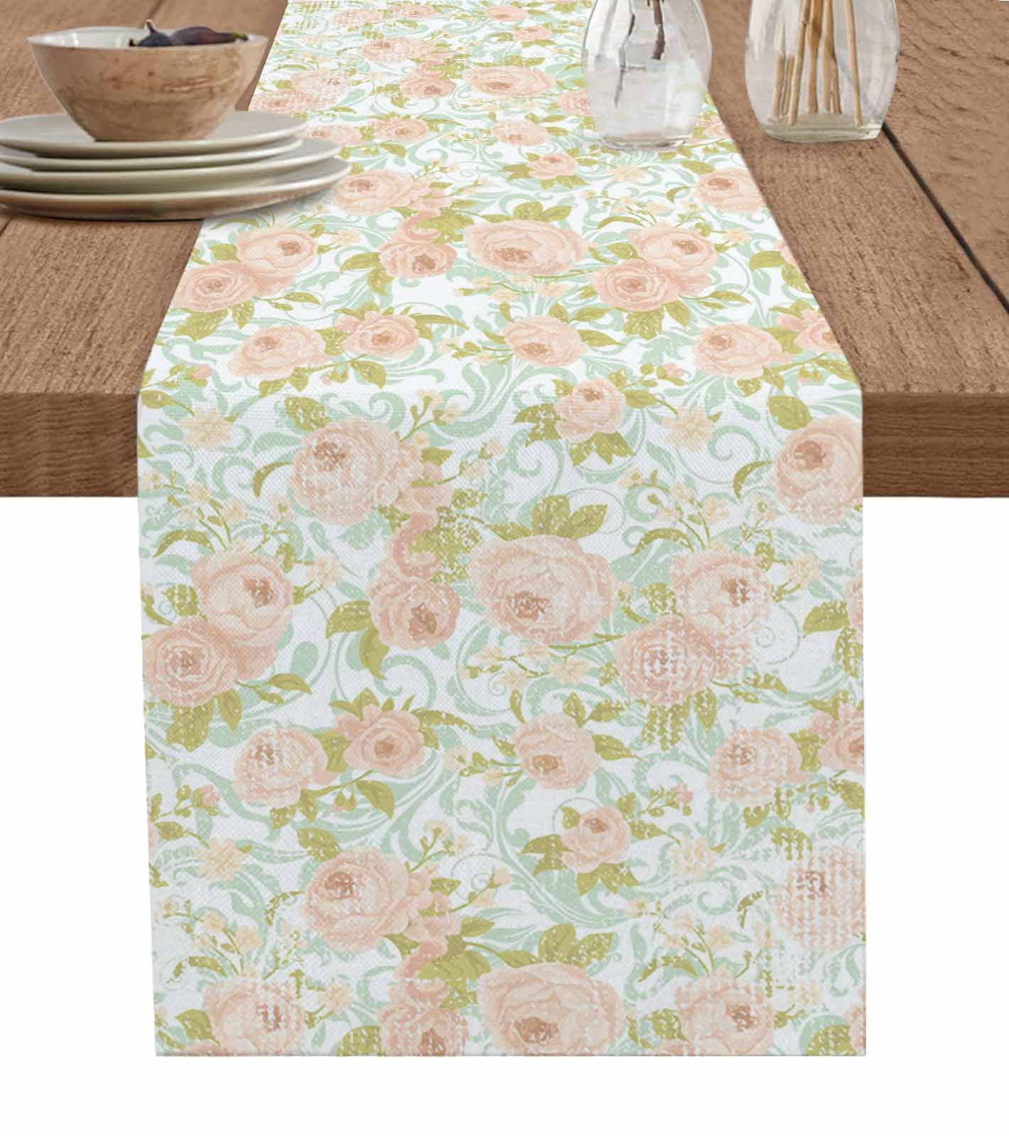 Beige Flowers Table Runner 72 Inches, Farmhouse Botanical Floral Green ...