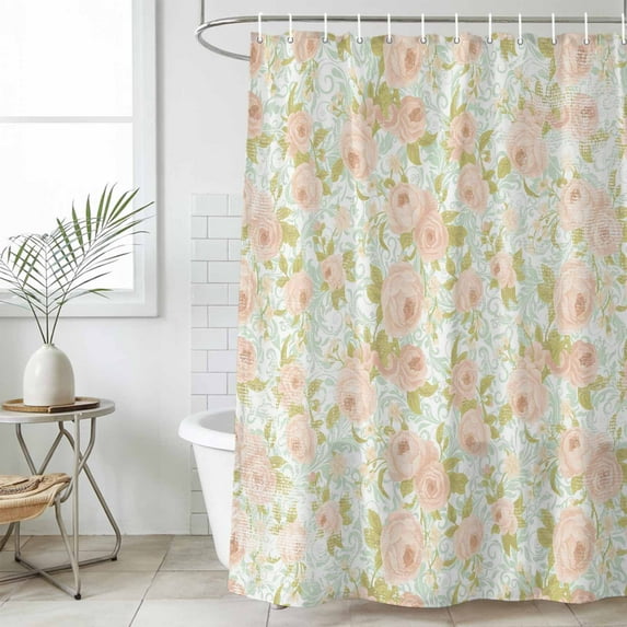 Beige Flowers Waterproof Fabric Shower Curtain,Farmhouse Botanical ...