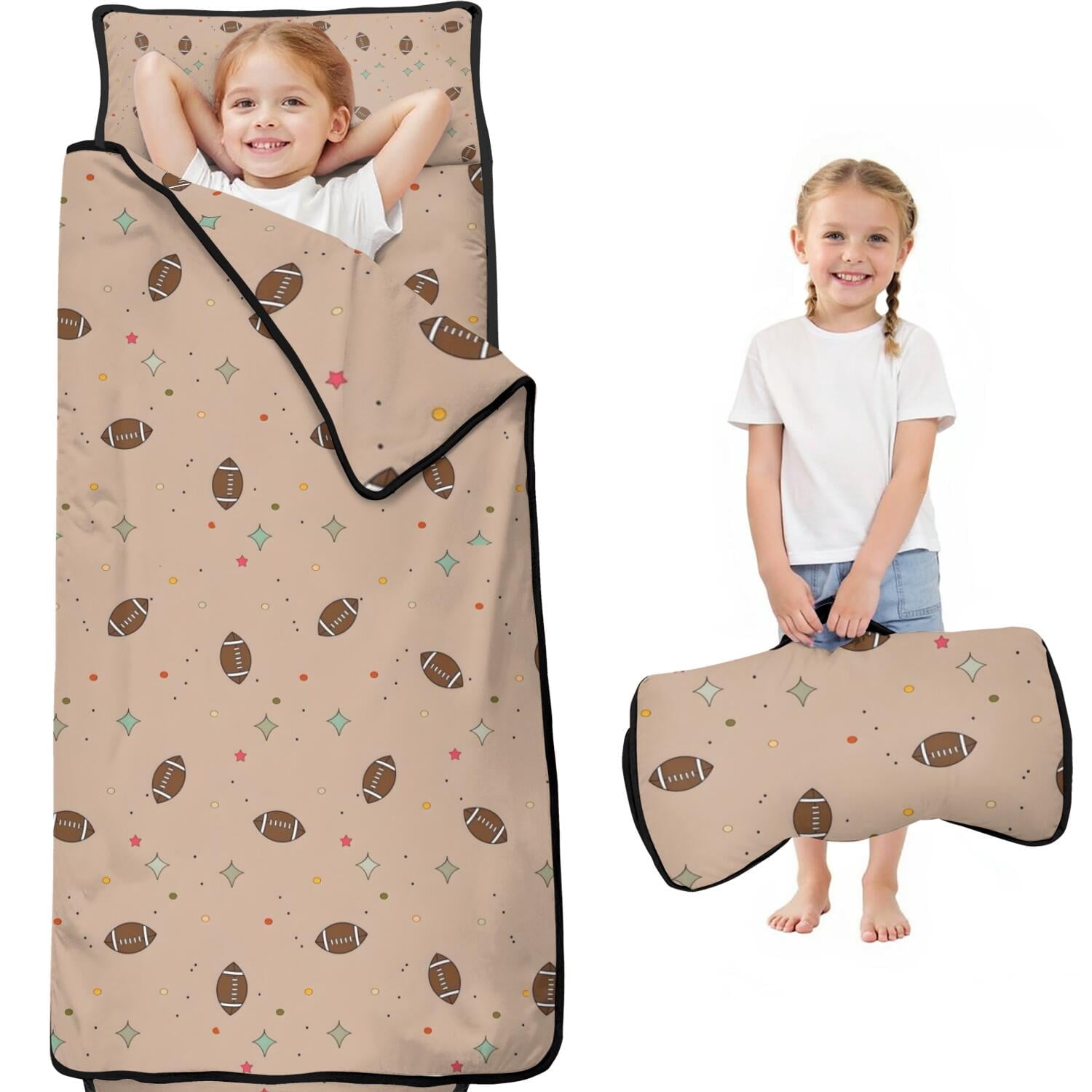 Beige Football and Stars Pattern Toddler Nap Mats for Kids Preschool ...