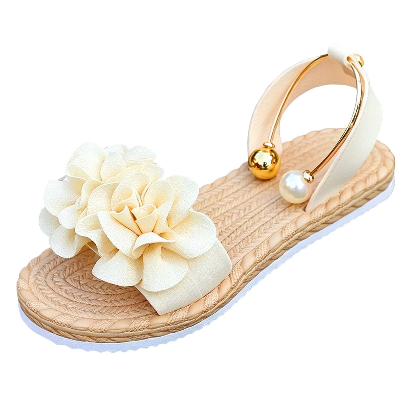 Beige For Women Soft Soled, Floral Sandals Spring Summer Beach Flat ...